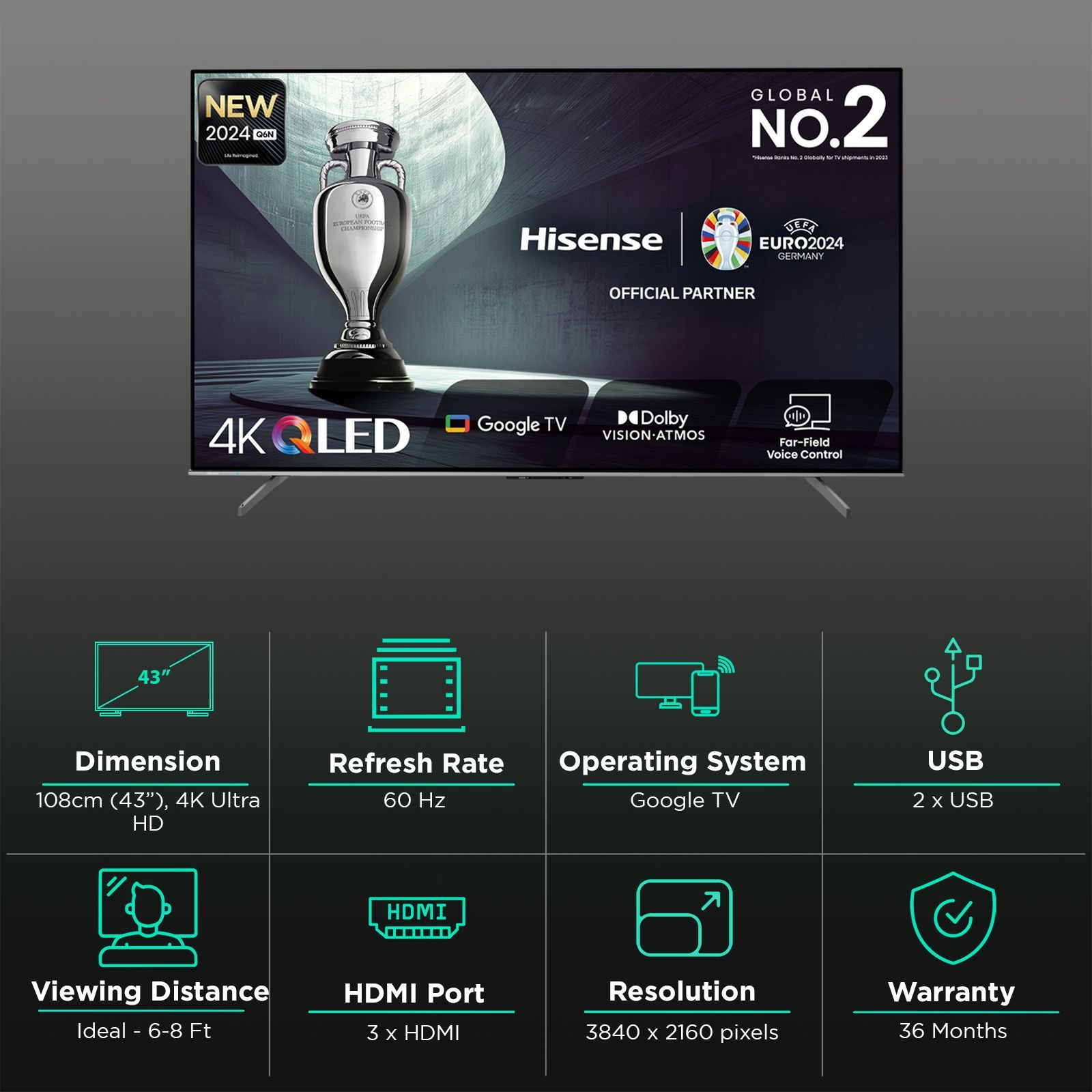 Buy Hisense Q6N 109.22 cm (43 inch) QLED 4K Ultra HD Smart Google TV with 4K AI Upscaler (2024 ...